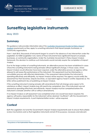 Sunsetting legislative instruments | The Office of Impact Analysis